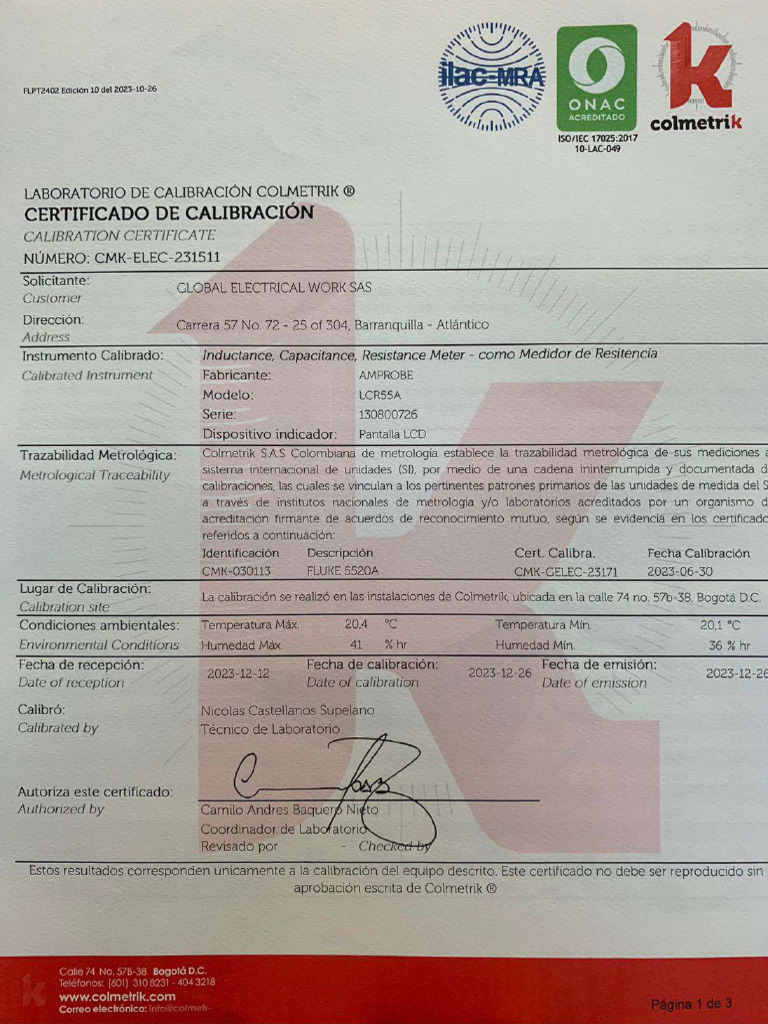 Cert. Cal. Medidor Muntifuncional LCR55A. | PDF