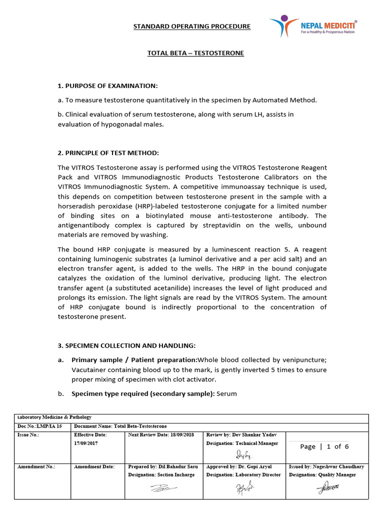Total Beta-Testosterone SOP Guide | PDF | Immunoassay