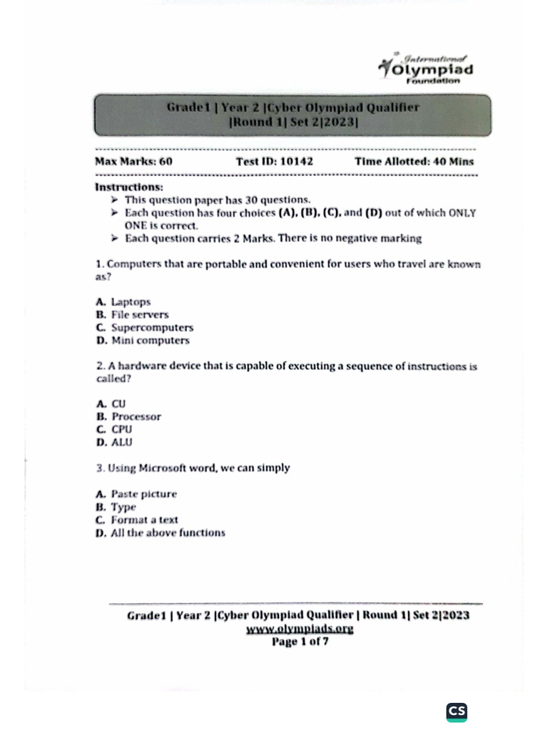 Cyber Olympiad Sample QP | PDF