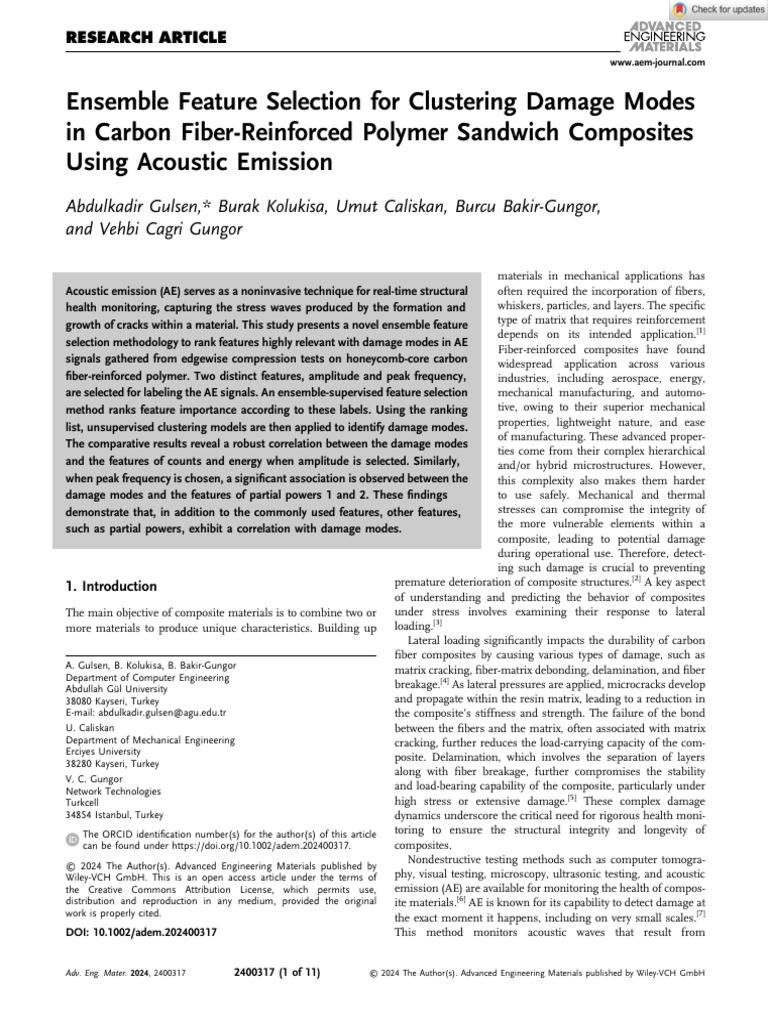 Adv Eng Mater - 2024 - Gulsen - Ensemble Feature Selection For Clustering Damage Modes in Carbon ...