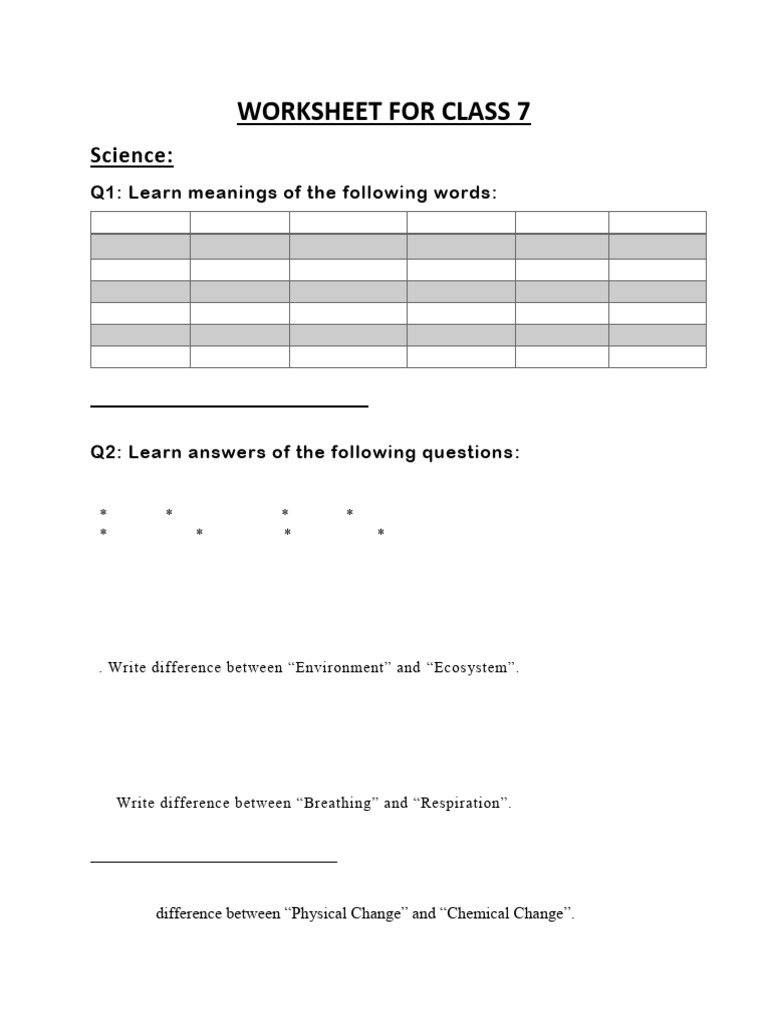 Worksheet For Class 7 Science | PDF
