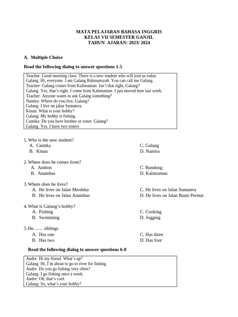 Soal & Kunci Jawaban Bahasa Inggris Kelas VII Semester Ganjil | PDF | Foods | Cuisine