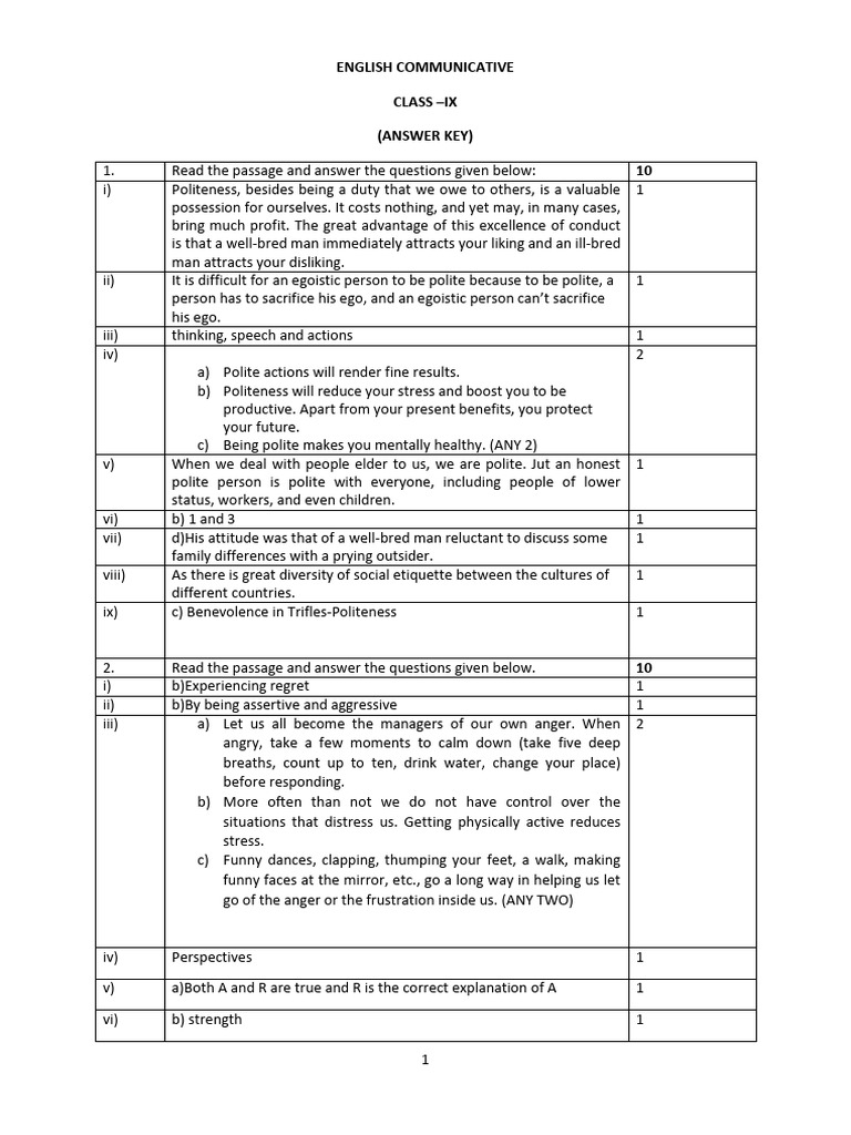 Answer Key for Class IX English Exam | PDF | Sustainability | Deforestation