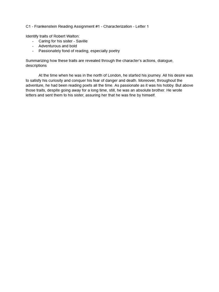 C1 - Frankenstein Reading Assignment #1 - Characterization - Letter 1 | PDF