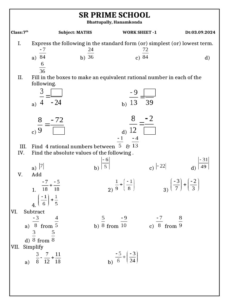 7TH Maths Worksheet 1 | PDF