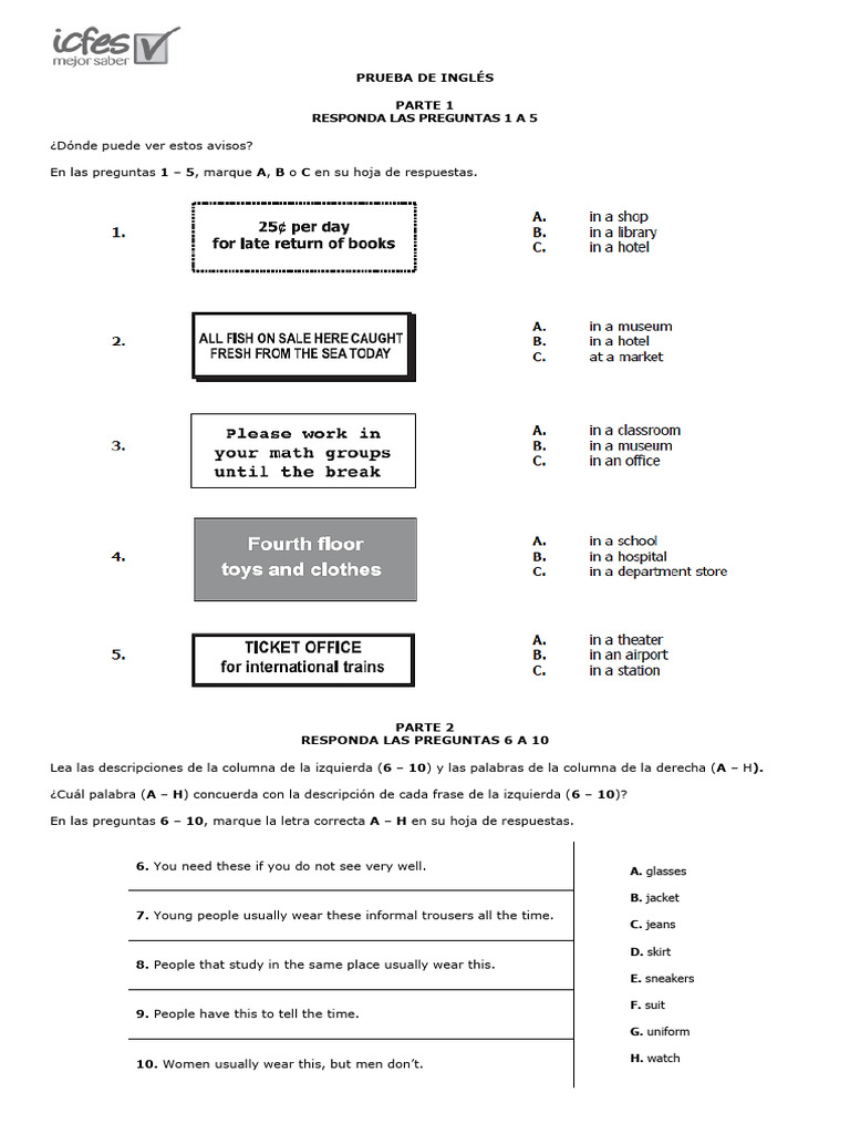 ICFES English Test Practice Questions | PDF