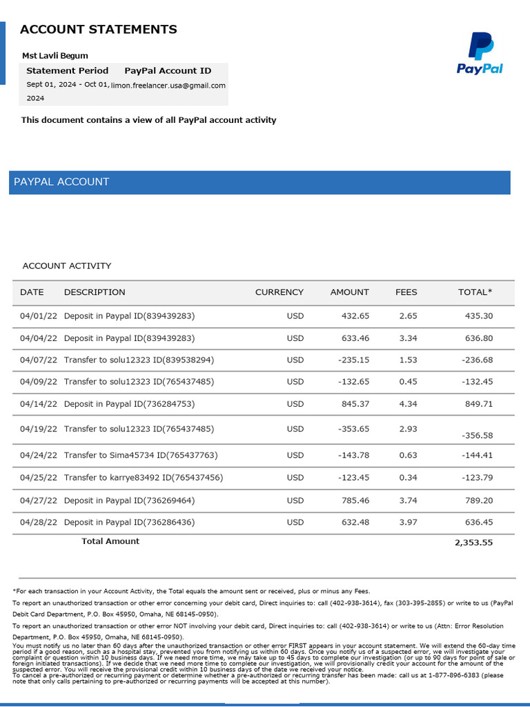 PayPal Account Activity Statement | PDF | Pay Pal | Credit Card