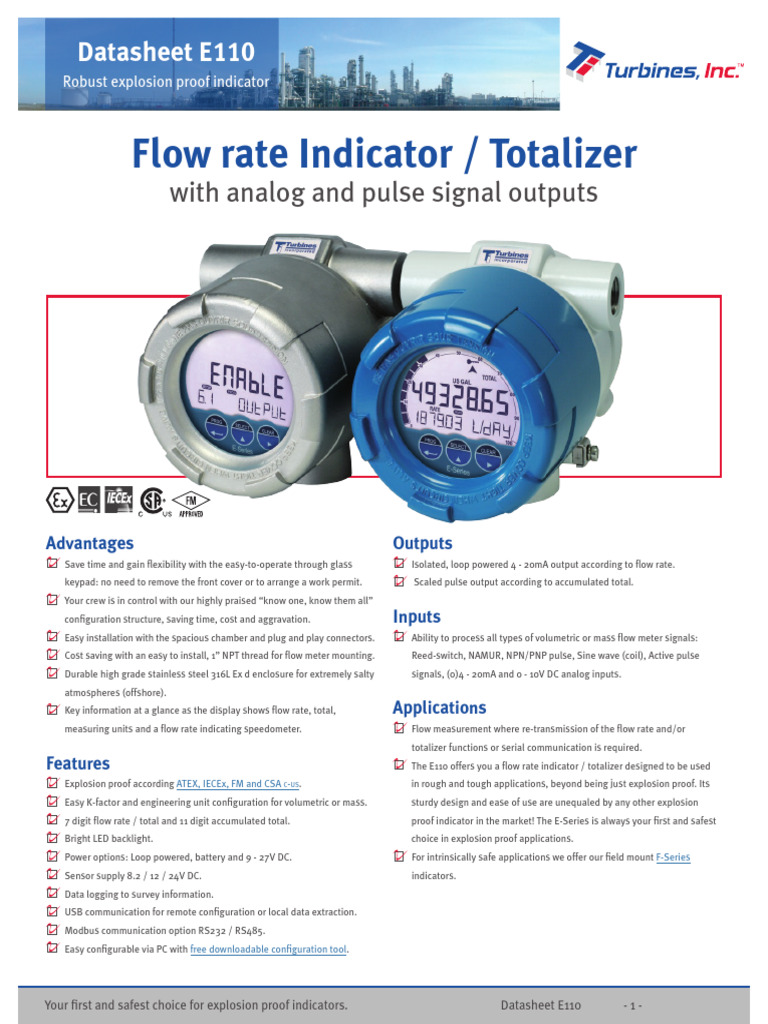 E110 Flow Rate Indicator Totalizer Datasheet | PDF | Flow Measurement | Low Pass Filter