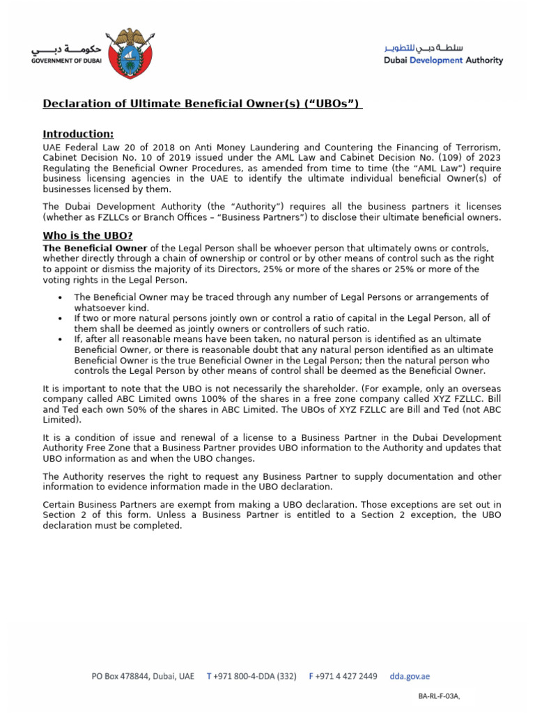 UBO Declaration Guide for UAE Businesses | PDF | Shareholders | Ownership
