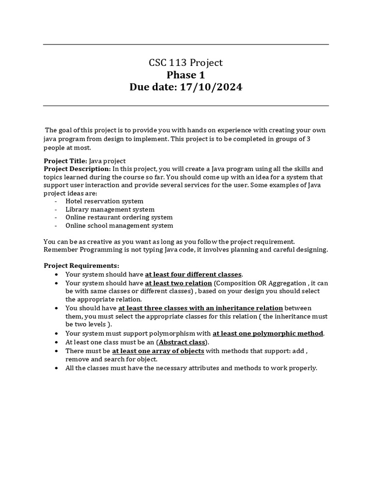 CSC113 Project Phase 1 | PDF | Class (Computer Programming) | Method (Computer Programming)