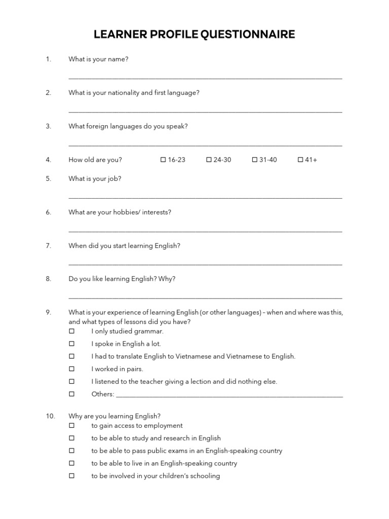 Appendix 1. Learner Profile Questionnaire | PDF | English Language ...