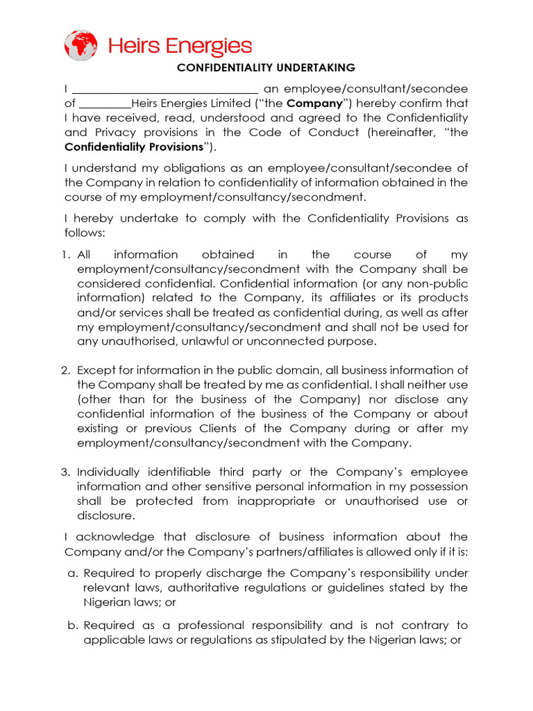 Confidentiality Undertaking Clean | PDF | Confidentiality | Government