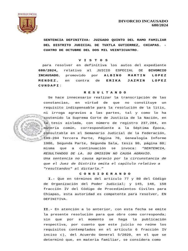 Sentencia Divorcio Incausado | PDF | Divorcio | Sentencia (ley)