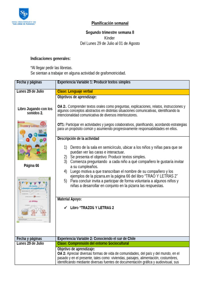 Planificación Ka Semana 6 Segundo Trimestre Kinder 2024 | PDF ...