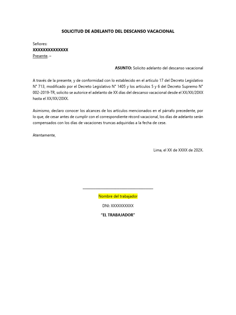 Plantilla Adelanto de Vacaciones | PDF