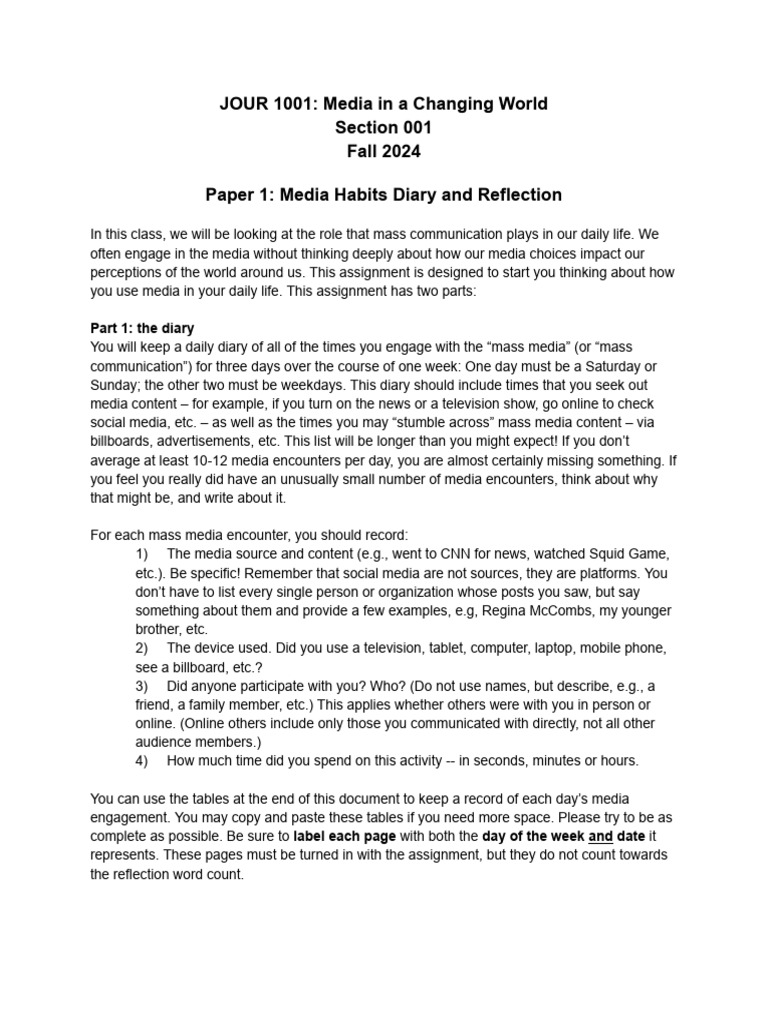 Media Habits Diary Assignment | PDF | Social Media | Popular Culture ...