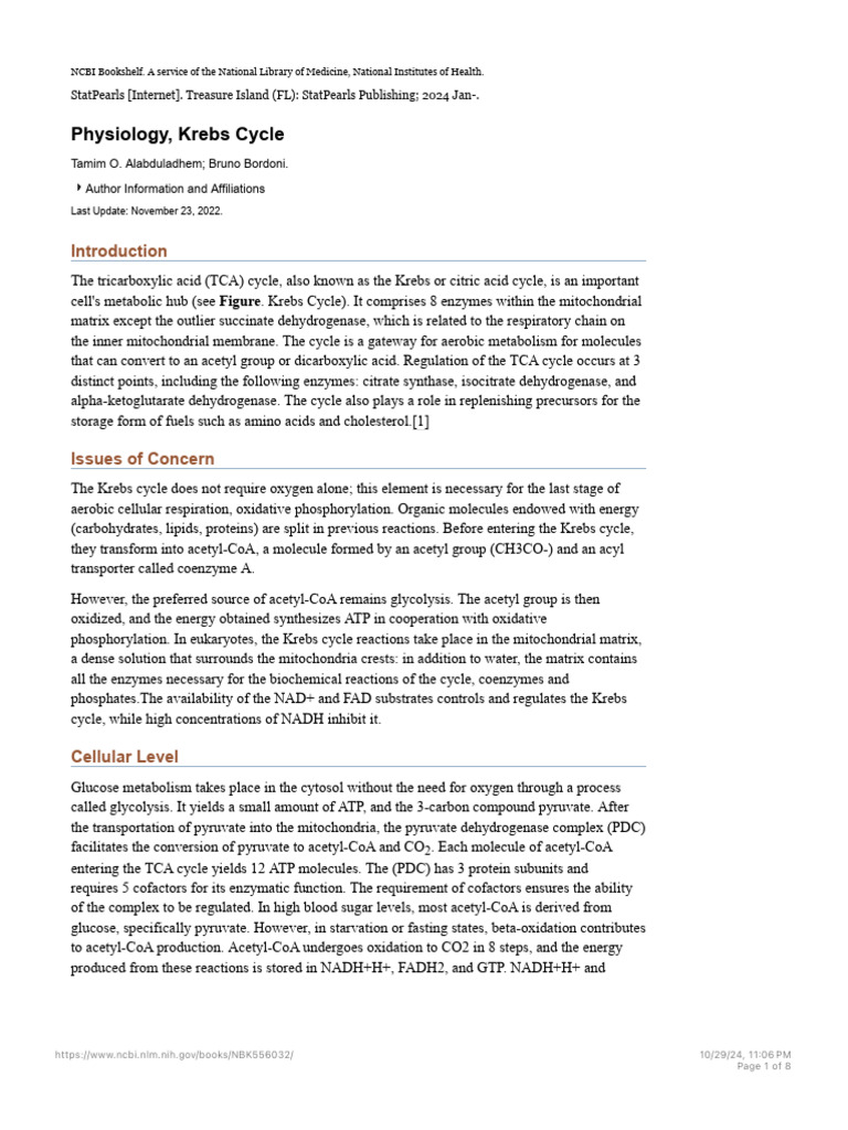 Physiology, Krebs Cycle - StatPearls - NCBI Bookshelf | PDF | Citric Acid Cycle | Chemistry