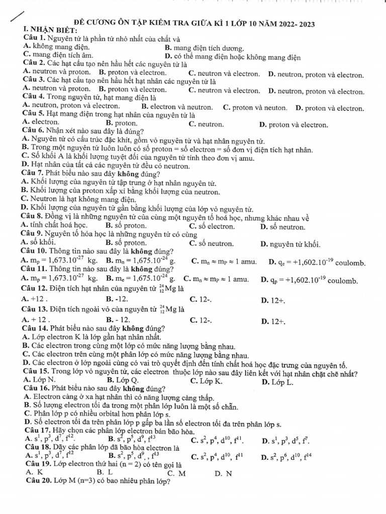 Đề cương ôn tập giữa kì 1 - hoá 10 - 23-24 - BTX | PDF
