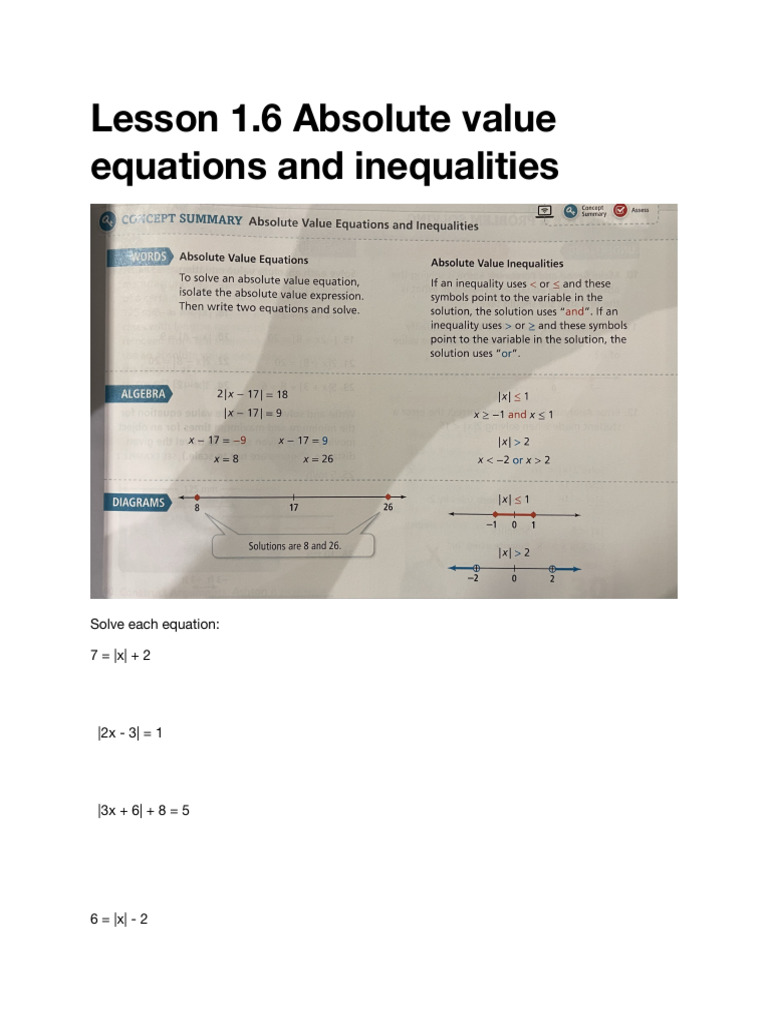Absolute Value Equations & Inequalities | PDF | Teaching Methods ...