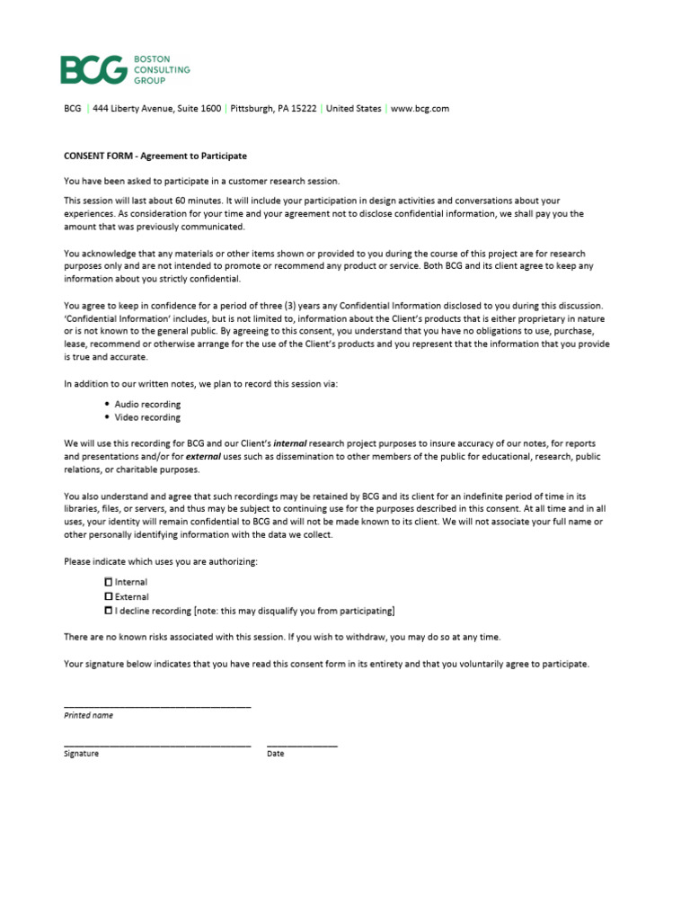 BCG Customer Research Consent Form | PDF | Consent