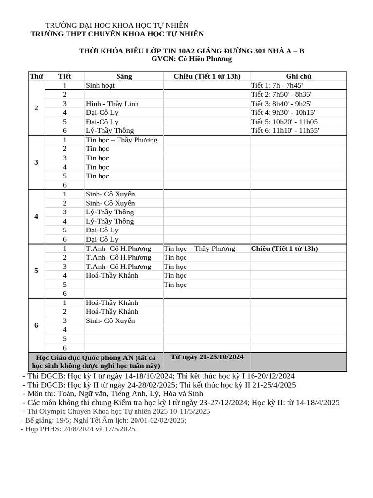 THỜI KHÓA BIỂU 10A2 | PDF