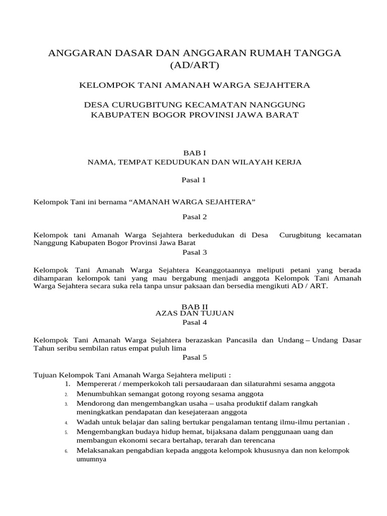 Contoh AD - ART Kelompok Tani | PDF | Pengelolaan Keuangan & Uang