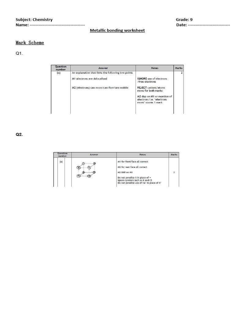 Metallic Bonding Worksheet MS | PDF