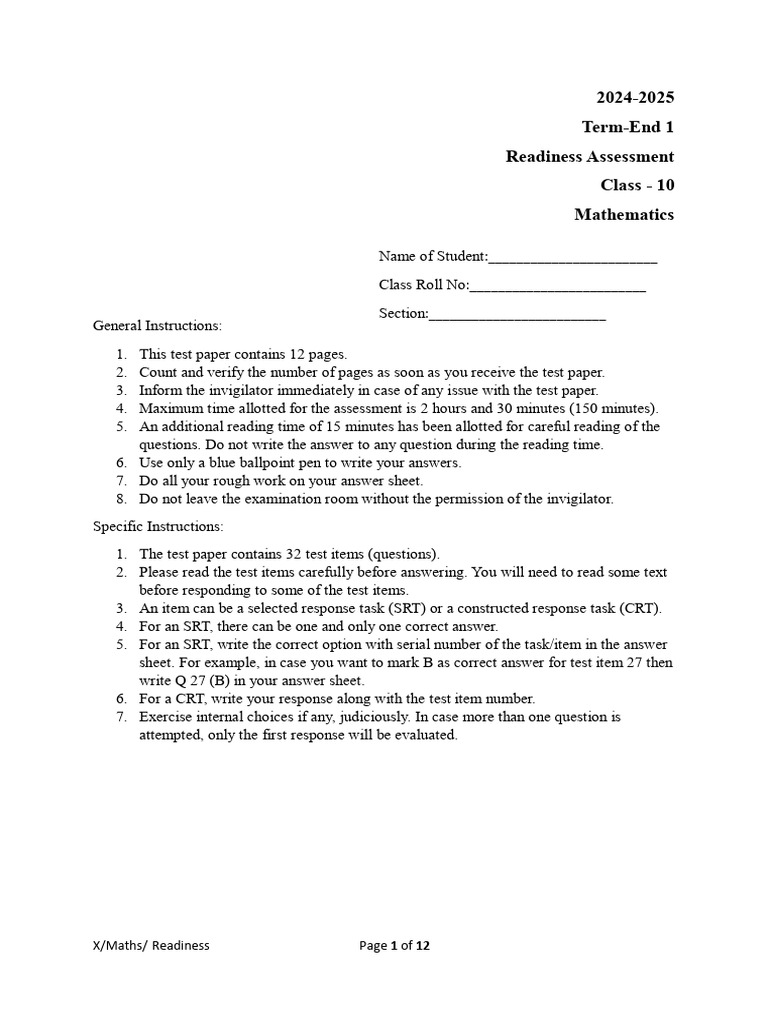 Mathematics SOSE 10 Readiness | PDF | Area | Elementary Mathematics