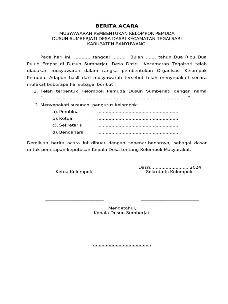 Berita Acara Pembentukan Kelompok Pemuda | PDF
