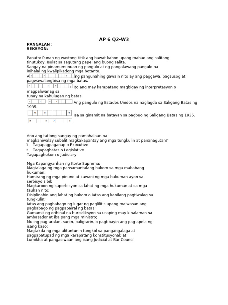 AP 6 Q2-W3: Pangalan: Seksyon | PDF