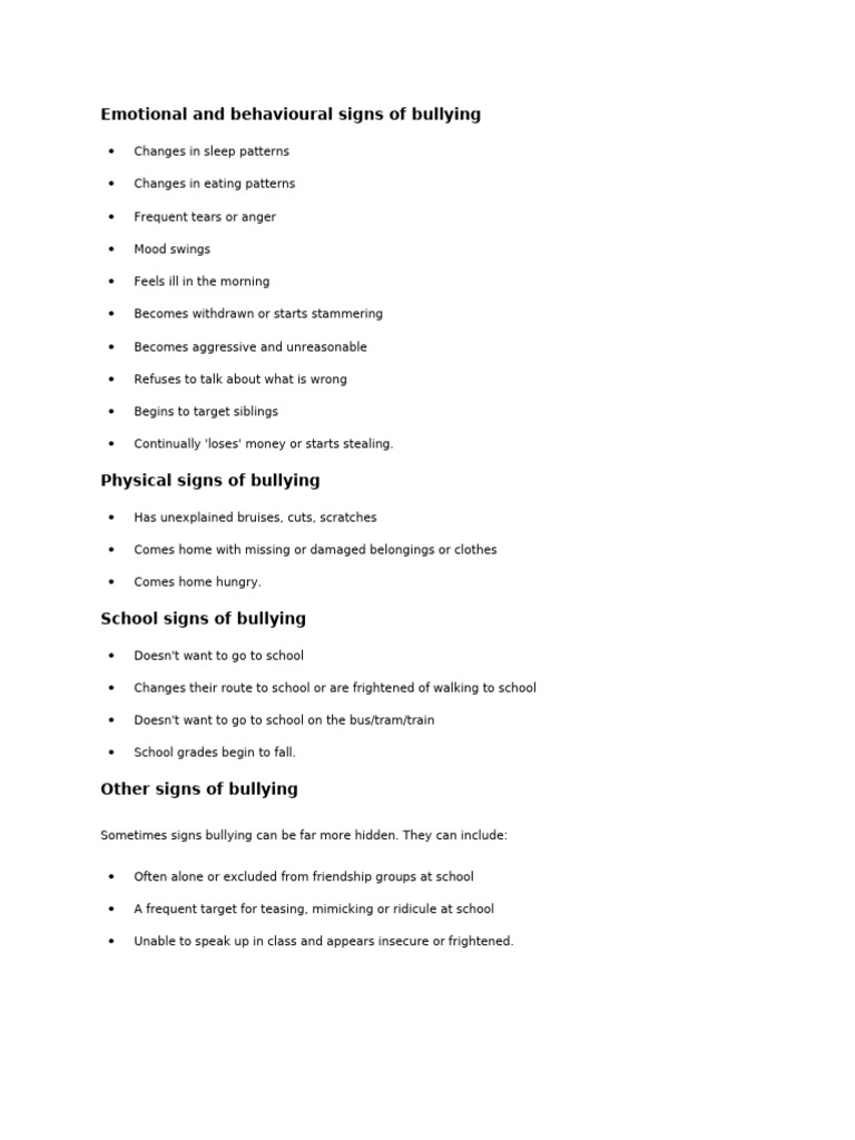 Emotional and Behavioural Signs of Bullying | PDF