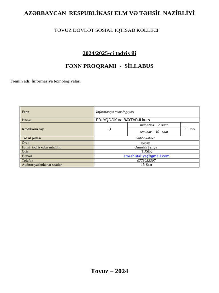 Azərbaycan Respublikasi Elm VƏ Təhsil Nazirliyi: Tovuz Dövlət Sosial İqtisad Kolleci | PDF