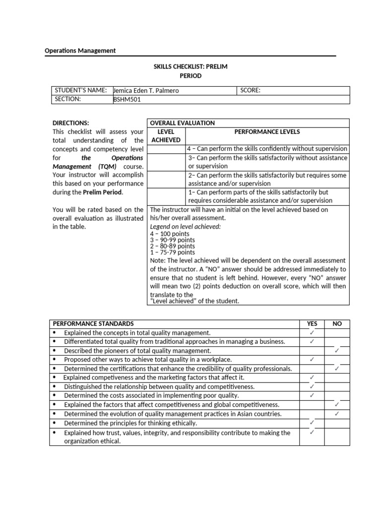01 Skills Checklist 1 (Operations Management) | PDF | Quality ...