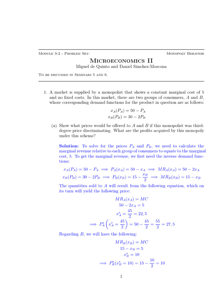 Microeconomics II: Module 3-2 - Problem Set: Monopoly Behavior | PDF | Monopoly | Demand