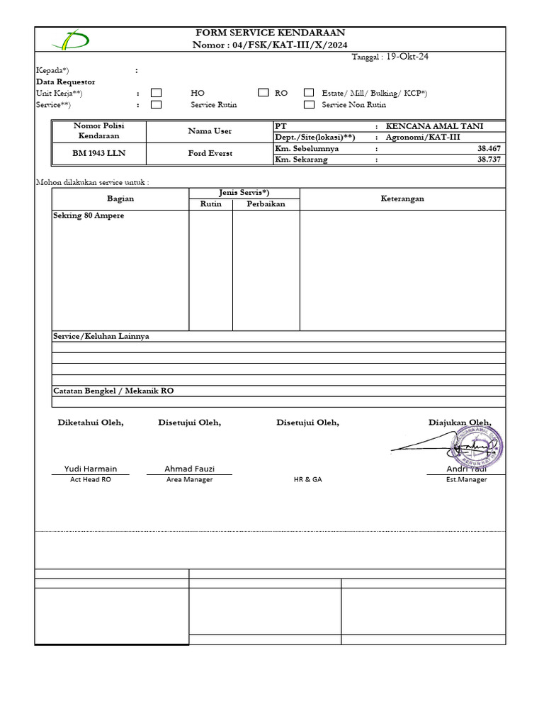 Formulir Service Kendaraan Rutin | PDF