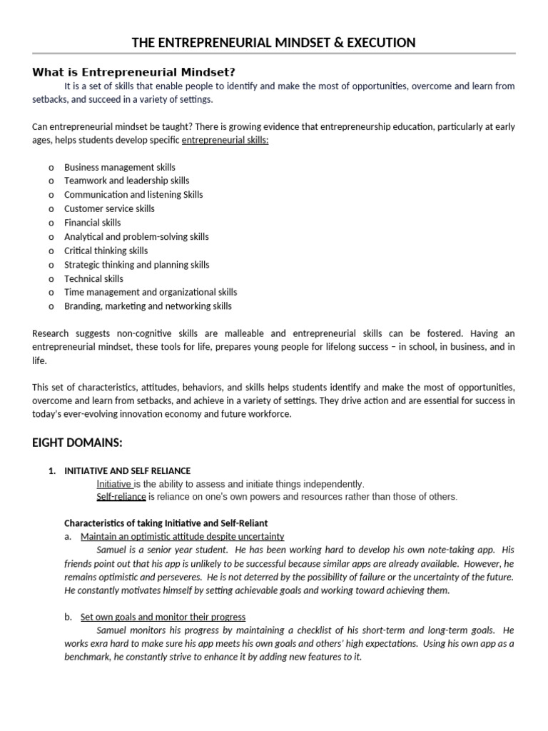 The Entrepreneurial Mindset Execution Hand Out | PDF | Entrepreneurship ...