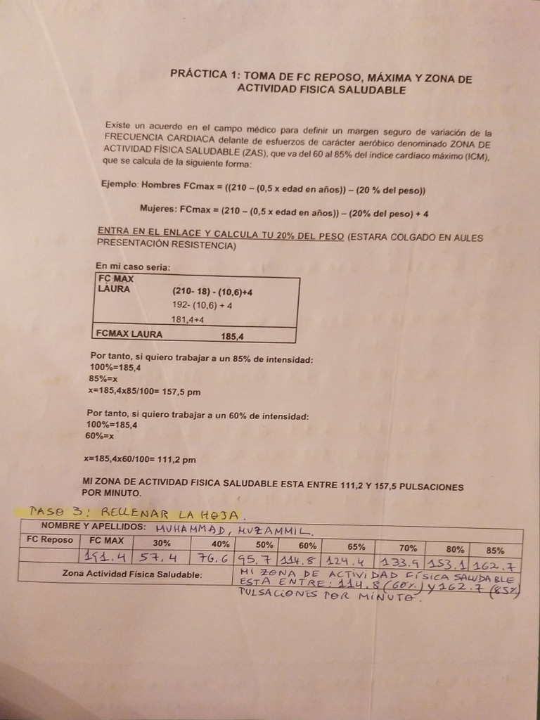 Fcmax Muzammil Práctica 1 Toma de FC Reposo Máxima y Zona de Actividad ...