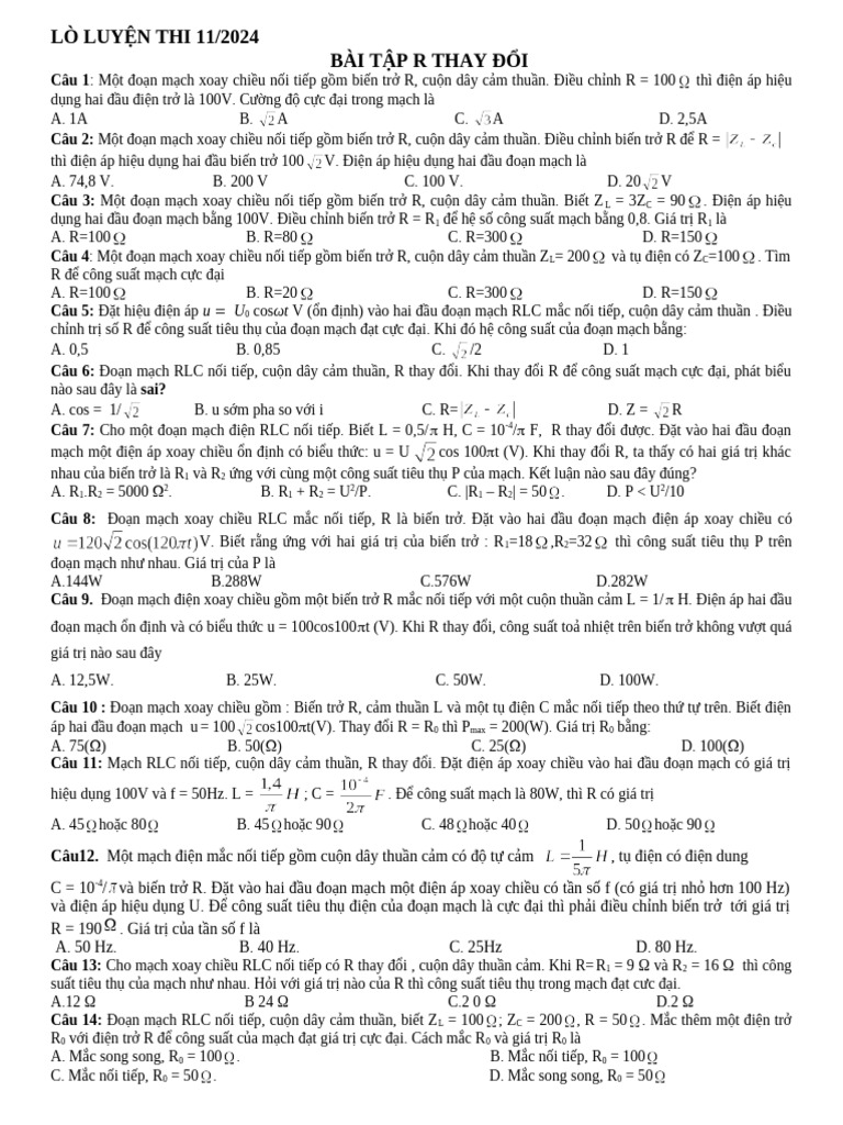 BÀI TẬP R THAY ĐỔI-2024 (12A2+12A3) | PDF