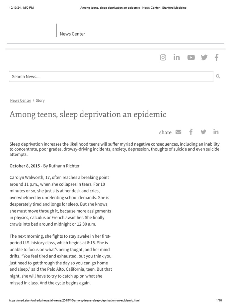 Among Teens, Sleep Deprivation An Epidemic - News Center - Stanford ...
