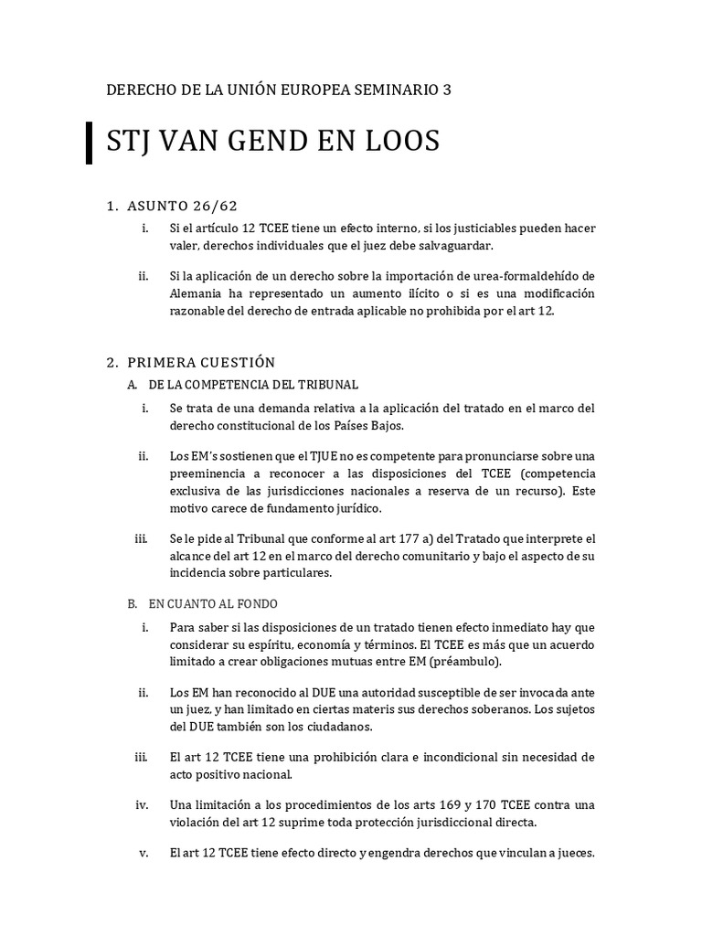 Resum STJ Van Gend en Loos 26-02-1963 ED | PDF | Ley de la Unión ...