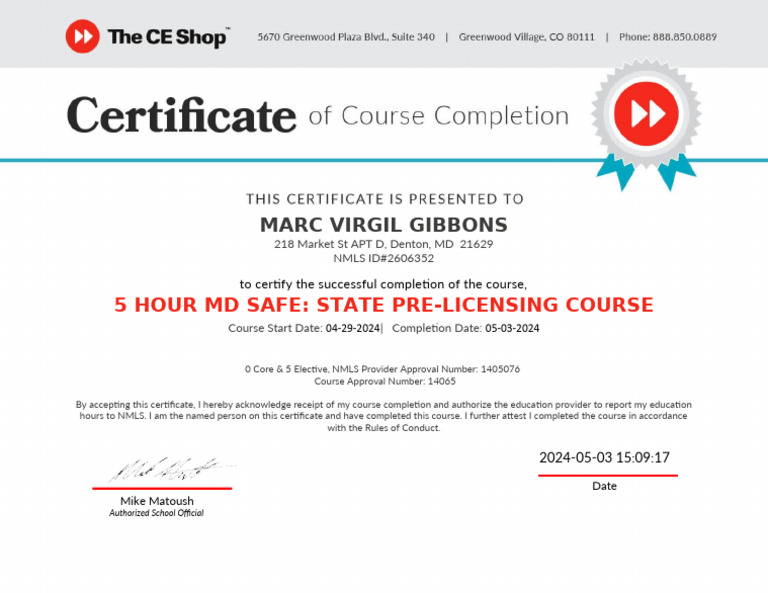 MD SAFE Pre-Licensing Course Certificate | PDF