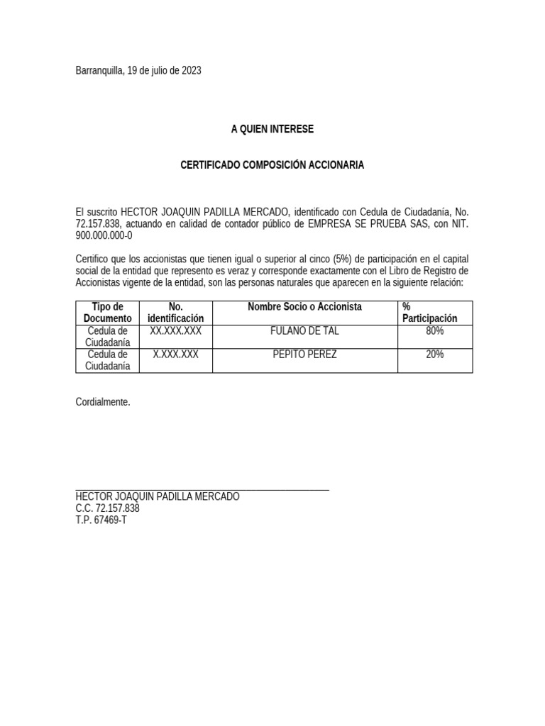 Modelo Certificado Composicion Accionaria | PDF
