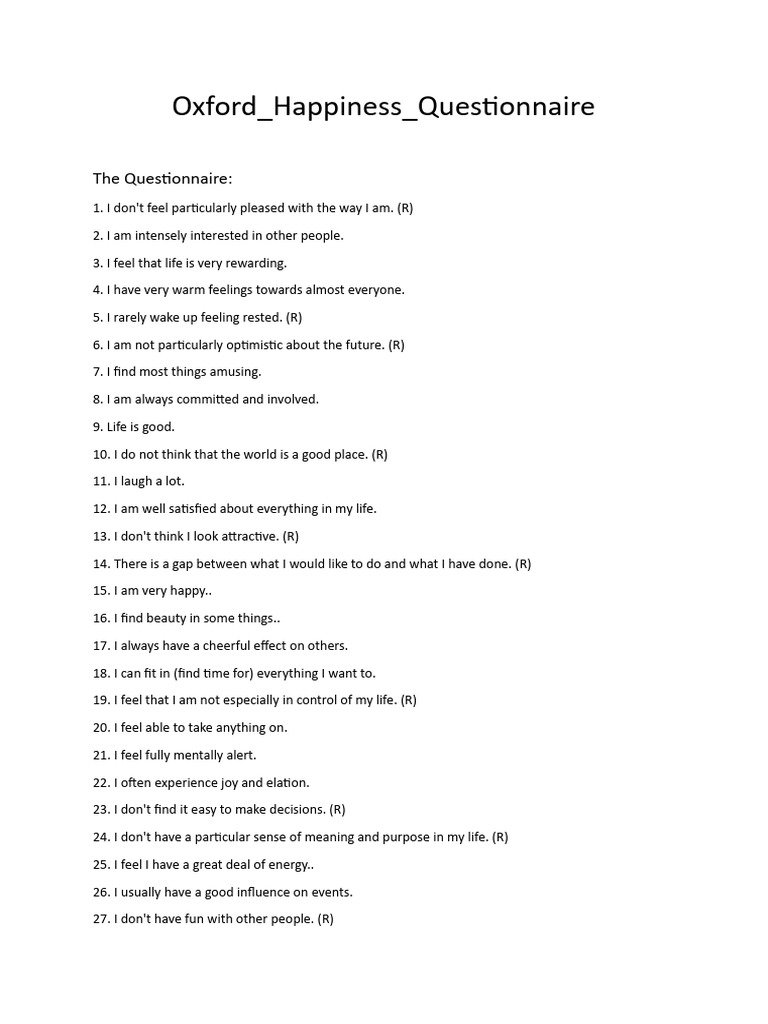 Oxford Happiness Questionnaire Guide | PDF | Self-Improvement | Lifestyle