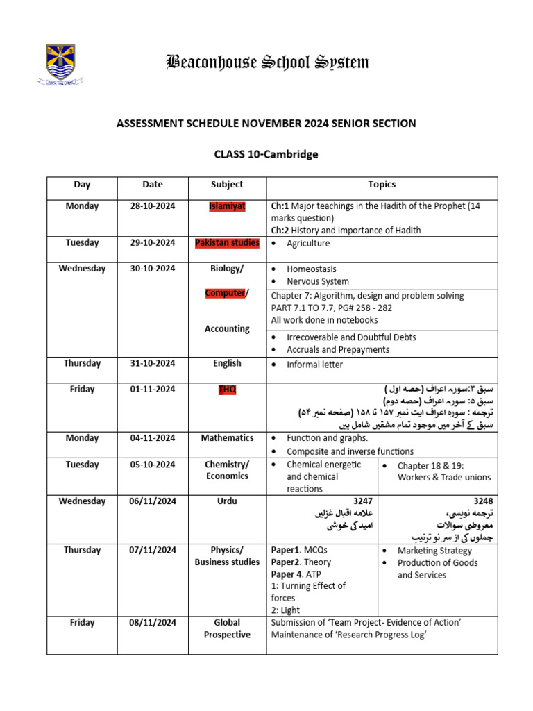 10-C Assessment Schedule For November 2024 | PDF