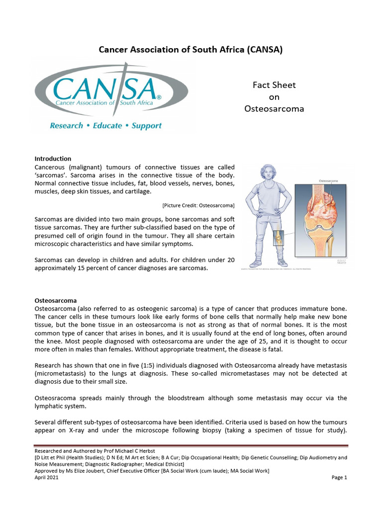Fact Sheet on Osteosarcoma NCR 2017 Web April 2021 | PDF | Sarcoma | Cancer