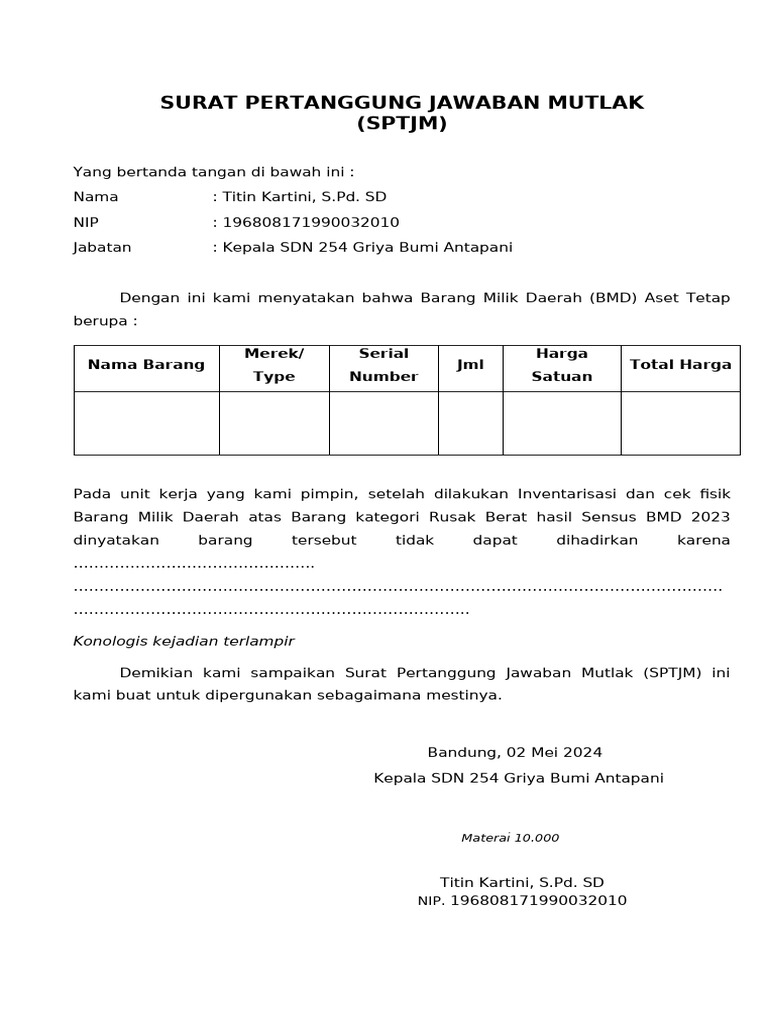 SPTJM Penghapusan BMD 2024 | PDF