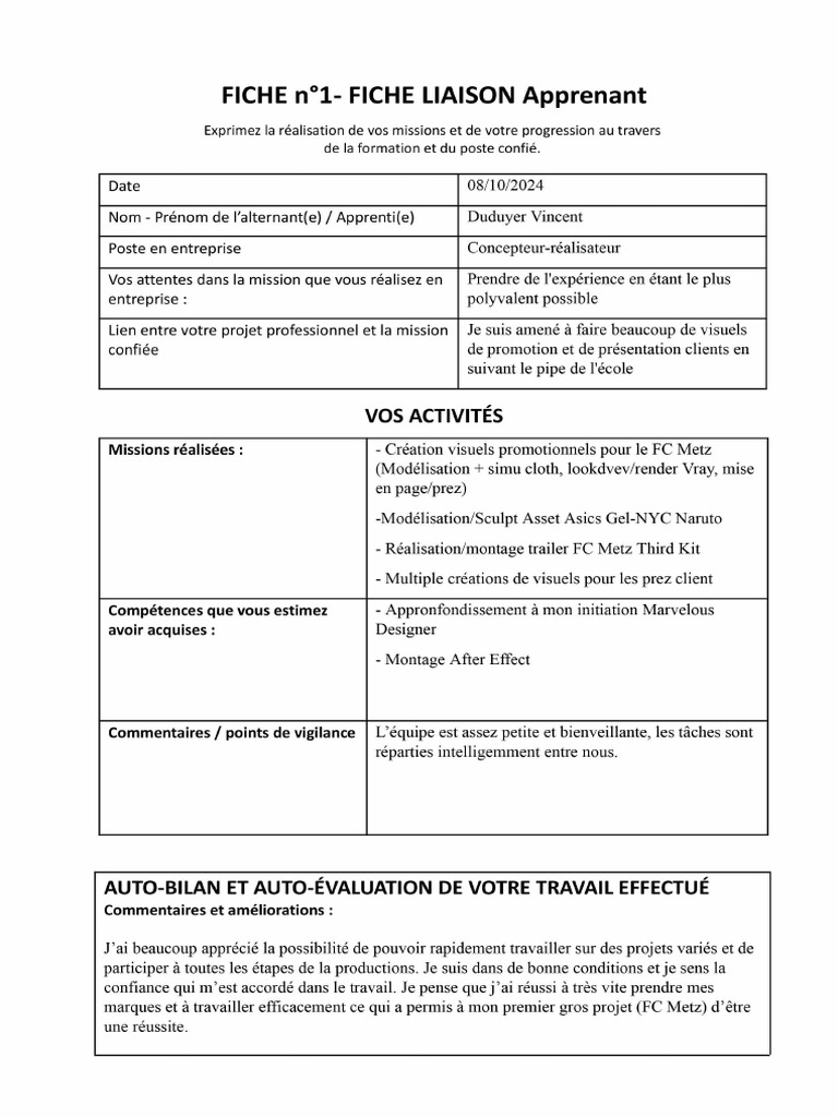 Vincent Dududyer Fiche de Liaison Apprenant | PDF