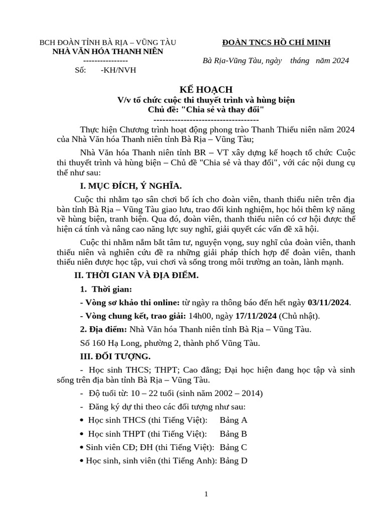 Ke Hoach To Chuc Cuoc Thi Thuyet Trinh Nam 2024 (Final) | PDF