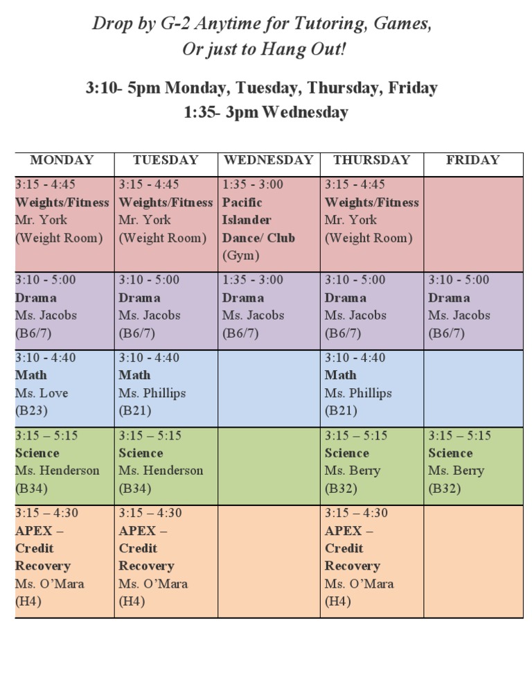 3:10-5pm Monday, Tuesday, Thursday, Friday 1:35 - 3pm Wednesday | PDF
