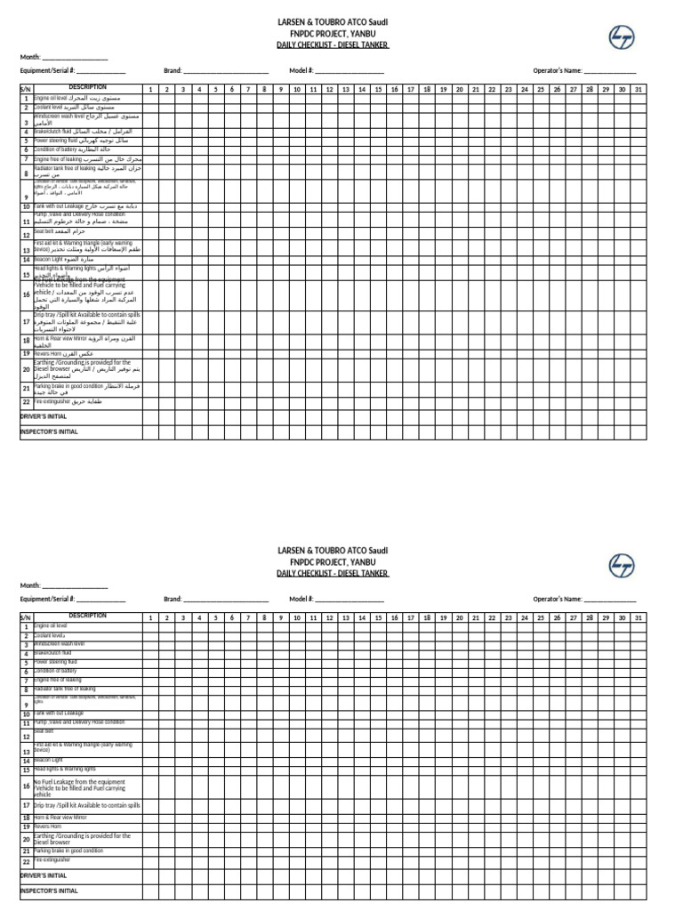 Diesel Tanker Daily Checklist - Ok | PDF | Vehicles | Oil Tanker